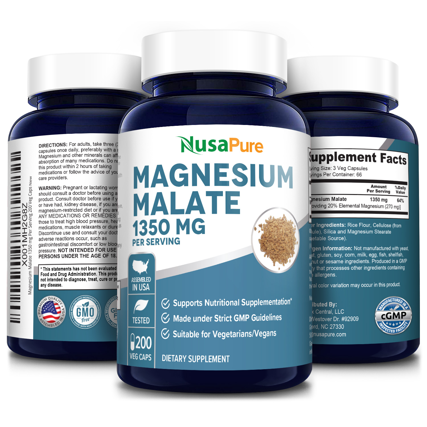 Magnesium Malate 1,350mg – 200 Veg Caps ( 100% Vegetarian, Non – GMO ...