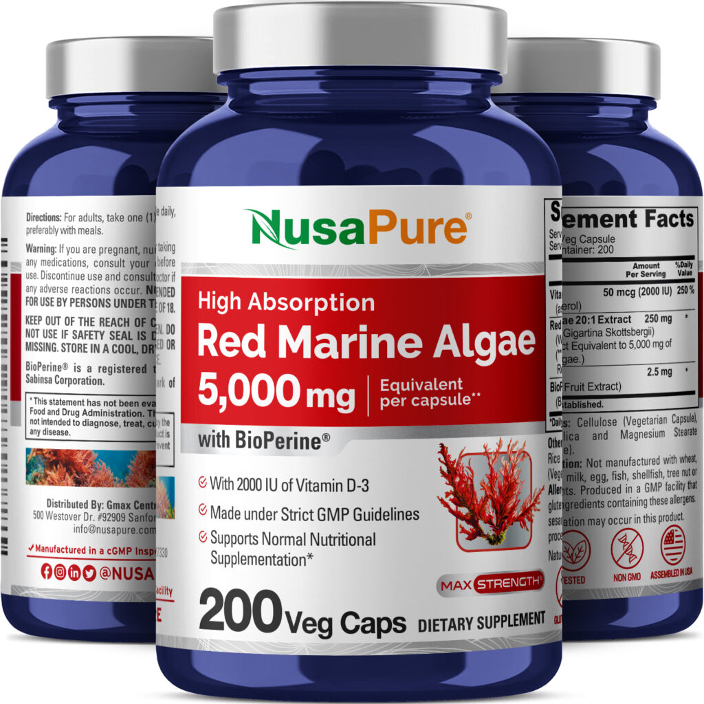 Red Marine Algae 5,000mg per capsule- 200 Veg Caps – with Vitamin D3 ...