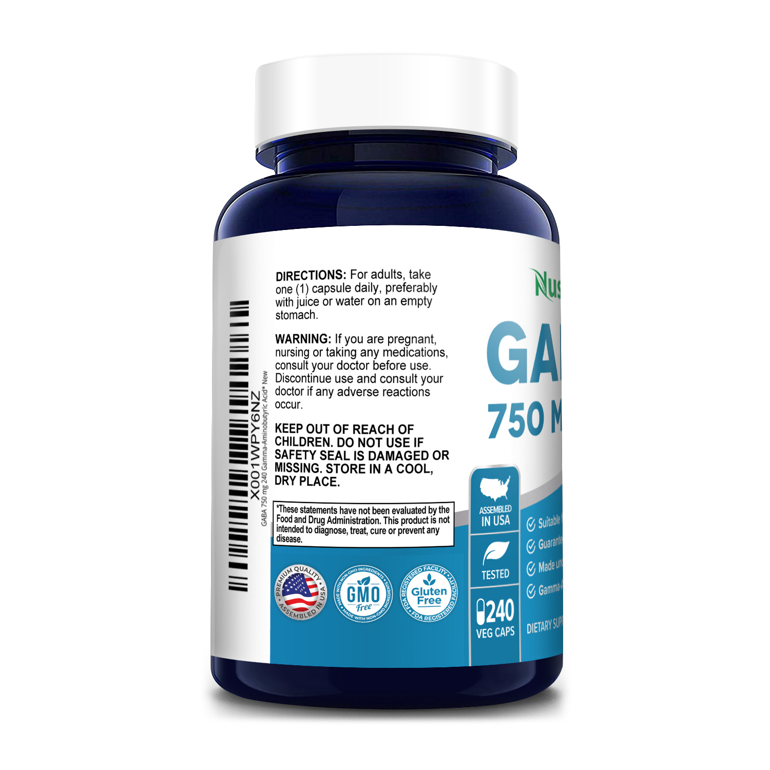 GABA 750mg- 240 Veg Caps (100% Vegetarian, Non-GMO & Gluten-free ...