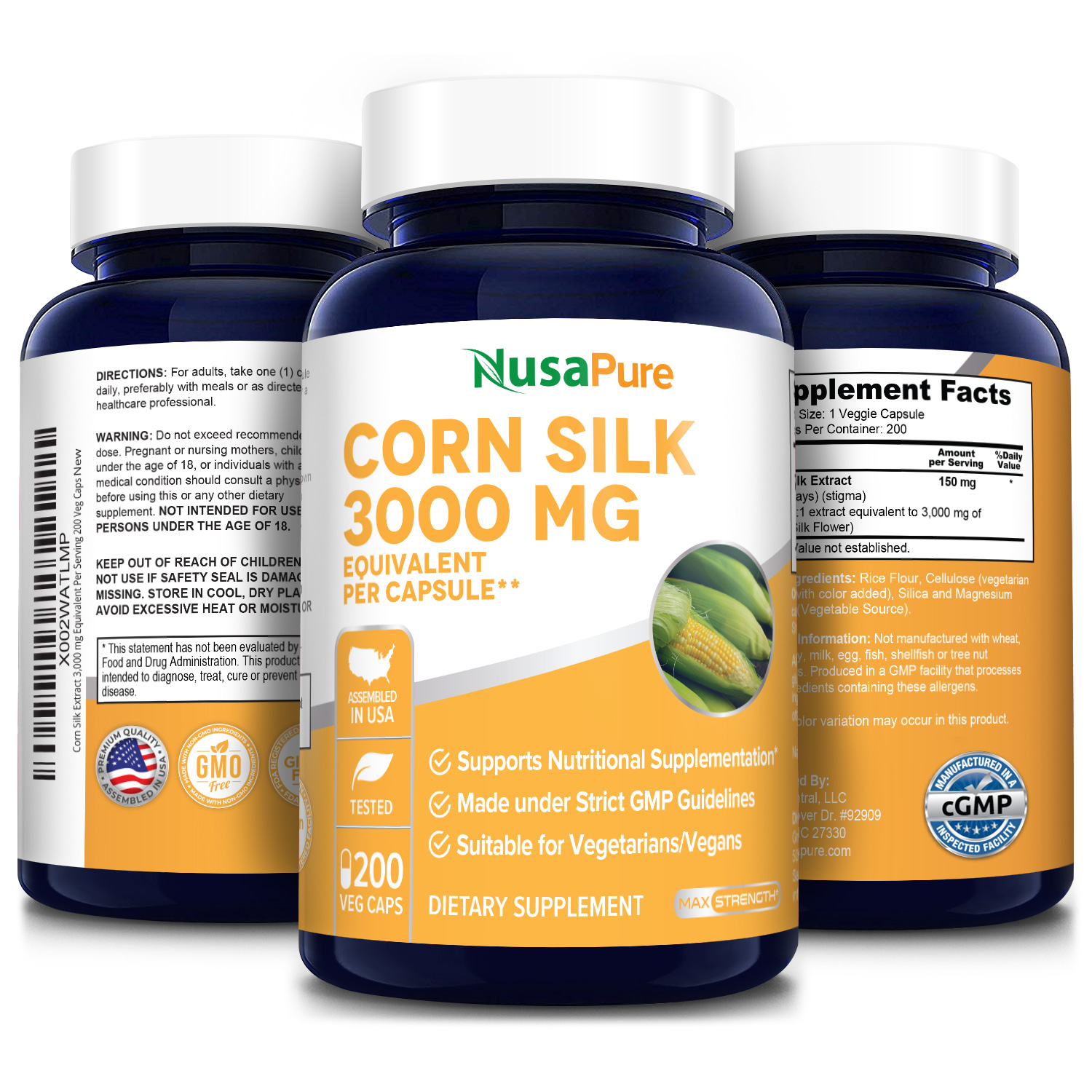 Corn Silk Extract 3,000 mg per caps 200 Veggie Caps ( 100% Vegetarian ...