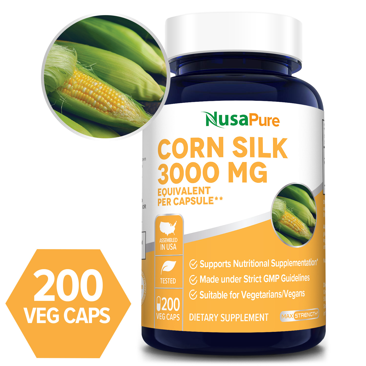 Corn Silk Extract 3,000 mg per caps 200 Veggie Caps ( 100% Vegetarian ...